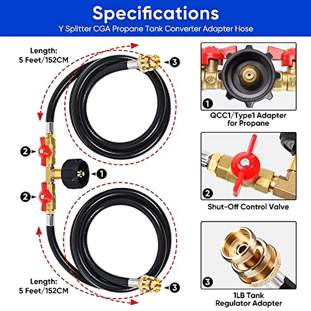 Cxshimi Upgraded Propane 2 Way Y Splitter,5FT CGA Propane Tank Converter Adapter Hose 1 lb Portable Appliance to QCC1/Type1 5-40lb Tank for Gas Grill,Camping Grill Stove