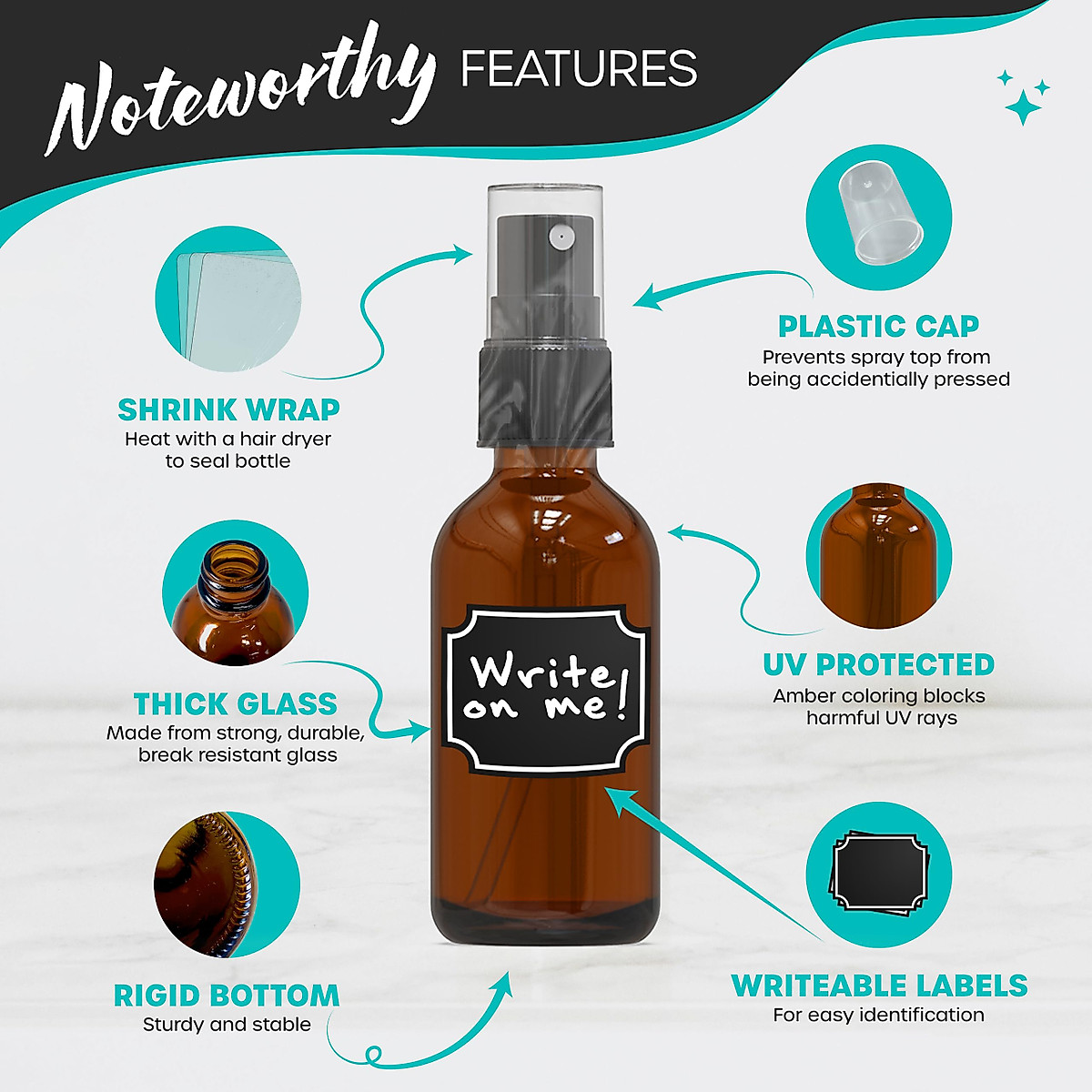 Nevlers 48 Pack Amber 2 Oz Spray Glass Bottle | The Amber Misting Glass Bottles Includes Sprayers & a Funnel and Brush with Bonus Labels to Easily Identify its Contents