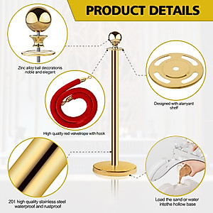 Stainless Steel Stanchion Post Queue 5 ft Red Velvet Rope Red Carpet Ropes and Poles Crowd Control Barriers Sand Injection Hollow Base and Velvet Ropes Set for Party Supplies (4 Pieces, Gold)