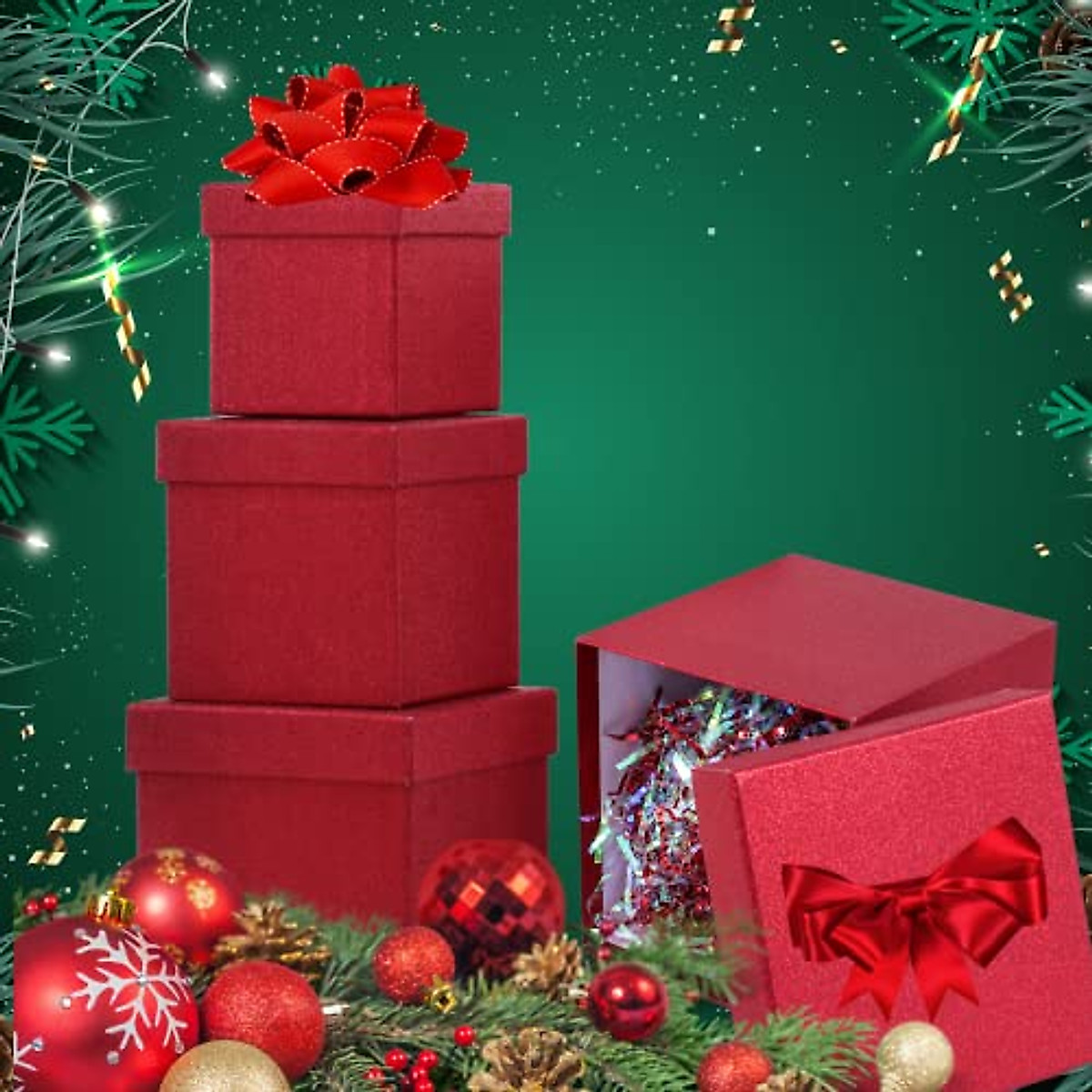 UNIQOOO 5Pcs Red Glitter Christmas Gift Box Set with Lid, Assorted Size, Square Nested Wedding Keepsake Boxes, Holiday Paper Box Tower Organizer For Birthday Party, Mother's Day Gift Wrap Packaging