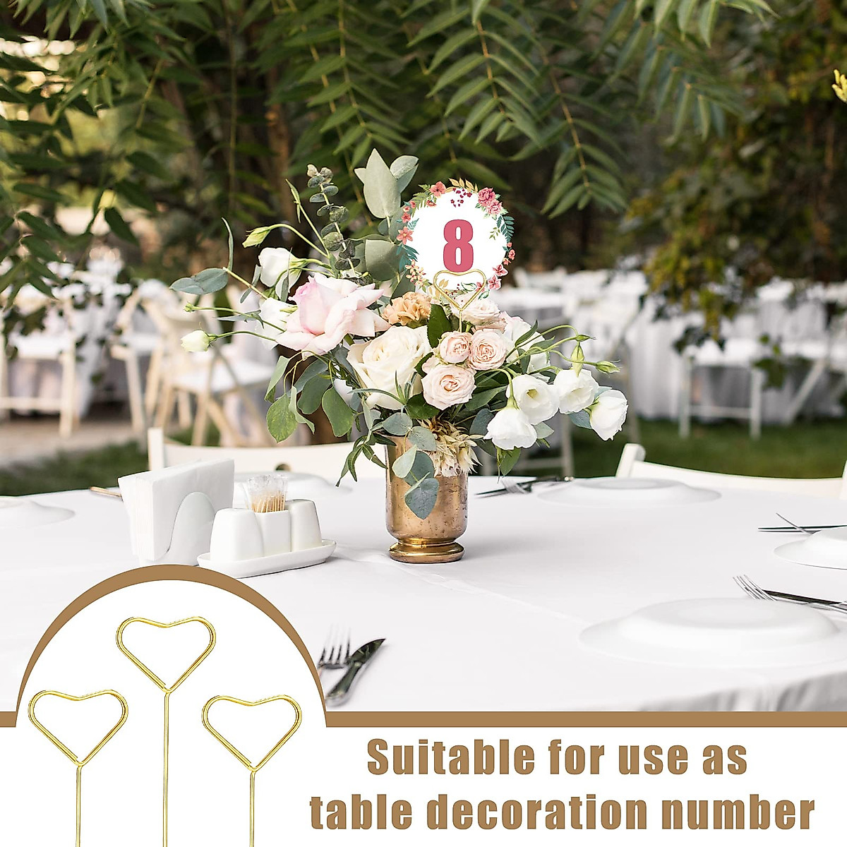 200 Pcs Metal Floral Place Card Holder Picks 13.4 Inch Photo Picture Clip Holder Gold Gift Card Holders for Flower Arrangements Wedding Birthday Baby Shower Party Favor (Heart Style)