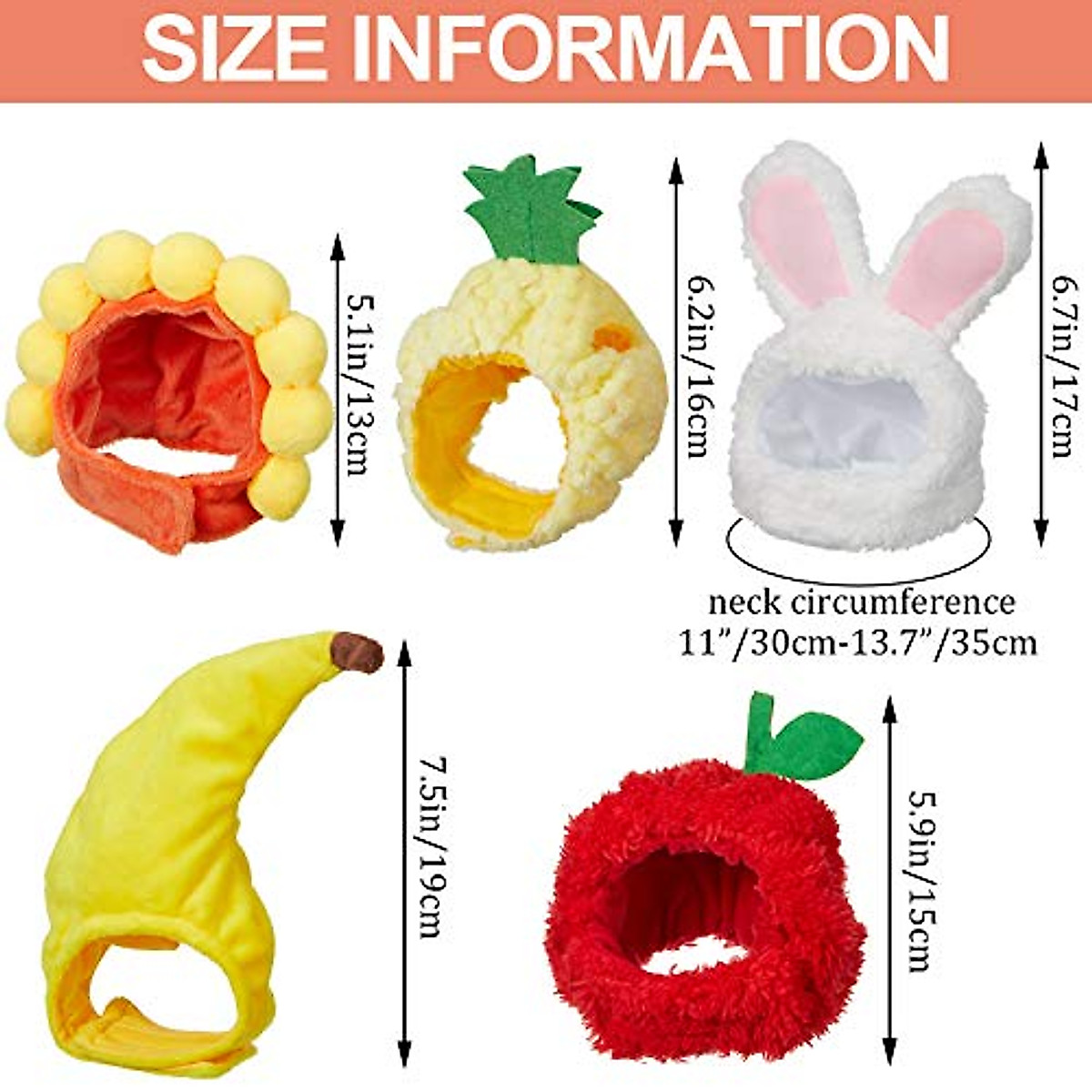 Weewooday 5 Pieces Cat Hat Cat Costume Bunny Hat with Ears Funny Banana Pineapple Cat Hat for Cats and Small Dogs Kitten Puppy Party Costume Accessory Headwear(Cute Style)