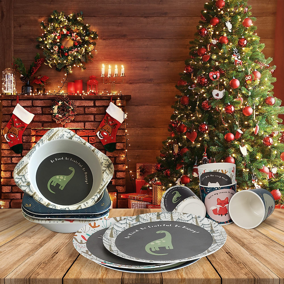 BeeBon Beauty Home Bamboo Plates for Kids - Set of 4 Pack Super Cute Dog, Dinosaur, Fox & Cat