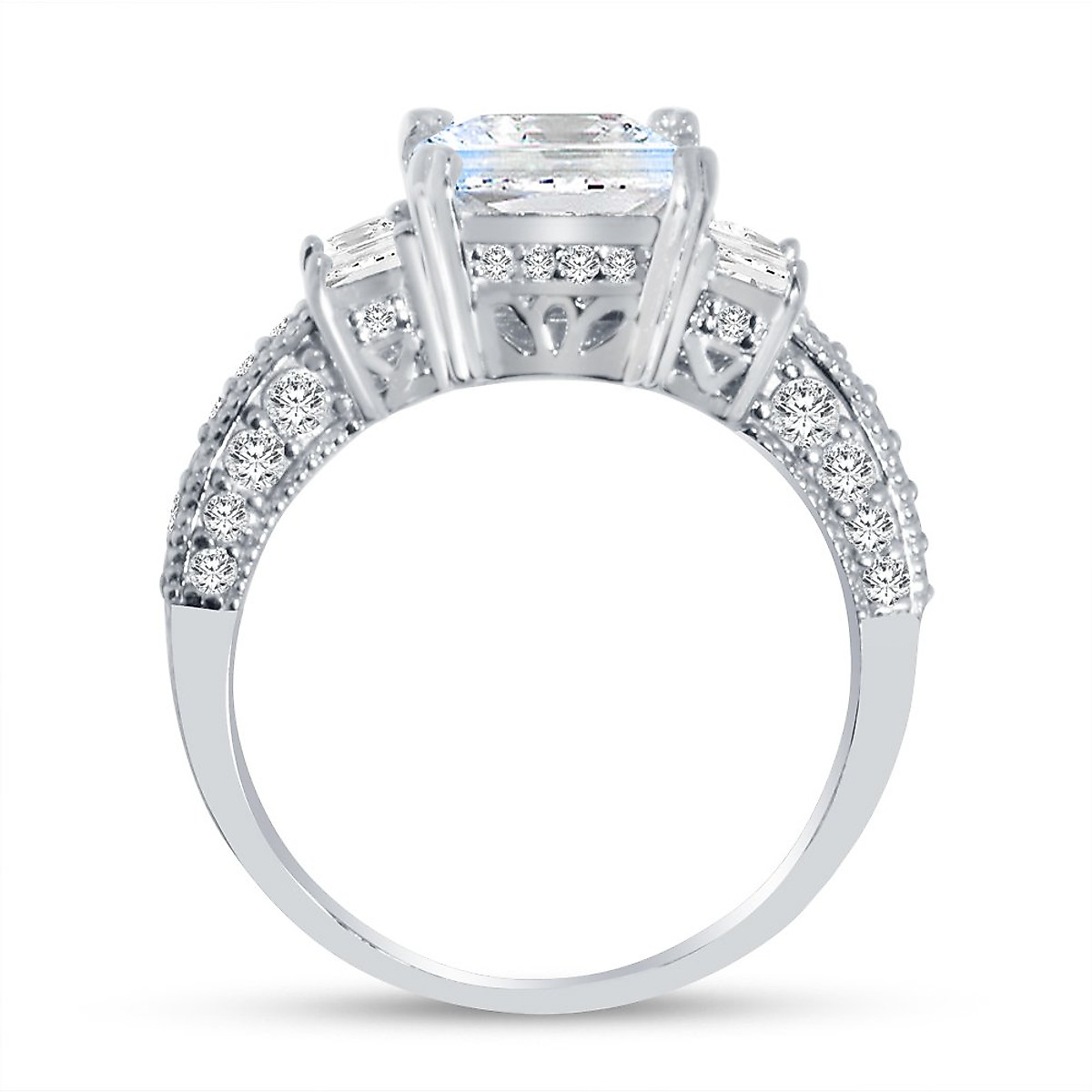 Size - 7-14k White Gold Emerald 3 Stone With Accents Milgrain Solitaire Engagement Ring CZ Cubic Zirconia (4.0cttw., 3.0ct. Center)