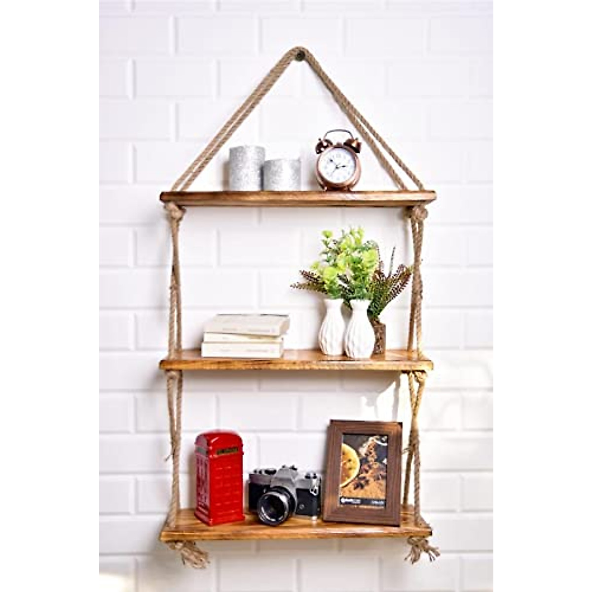Varnished Retro Wood 3' Eye Rope Wall Shelf Bookcase Flower Holder, Home Wall Wood Shelf