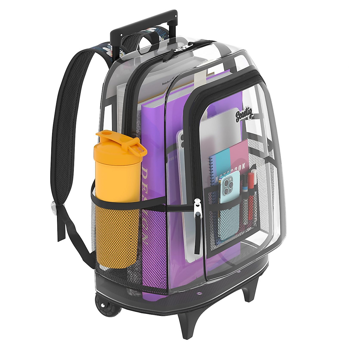 seastig Clear Backpack Rolling Backpack for Kids 18in Double Handle Wheeled Backpack Children Luggage for School, Travel