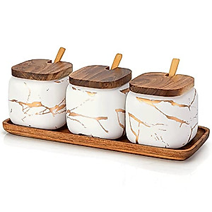 VETIN 3 Pcs Sugar Salt Container Set Containers for Sugar and Coffee Sugar Container Marble Jar Set Sugar Bowl Sugar Jar with Spoon and Lid