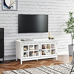 KOTEK Wooden TV Stand for TVs up to 50'', TV Console with Storage, Glass Doors & Adjustable Shelves, Modern Entertainment Center for Living Room (White)