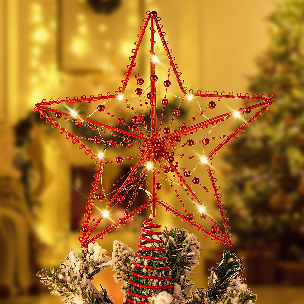LAWOHO Christmas Tree Topper Star, 10 Inch LED Star Tree Topper, Red Beads Design Christmas Tree Star, Battery Powered Lighted Xmas Tree Topper for Holiday Seasonal Christmas Tree Decorations