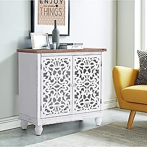 MAISON ARTS White Accent Cabinet with 2 Doors Storage Sideboard Buffet Cabinet for Living Room Kitchen Farmhouse Decorative Distressed Tall Bedroom Cabinet with Hollow Carved Doors