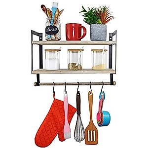 Spiretro Floating Shelves 2 Tier Wall Shelf, Spice Rack with Towel Tissue Bar, Metal Hooks Organize Mugs Utensils, Home Storage for Kitchen, Bathroom, Rustic Wood_Grey