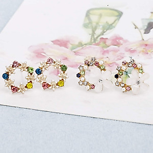 Stainless Steel 15 Paris Chic Folwer Stud Earrings with Colorful CZ Crystal for Teens Girls Women - Floral Patterns Design Multicolor Cubic Zirconia Jacket Stud Earrings Jewelry Set (#2-15 pairs)