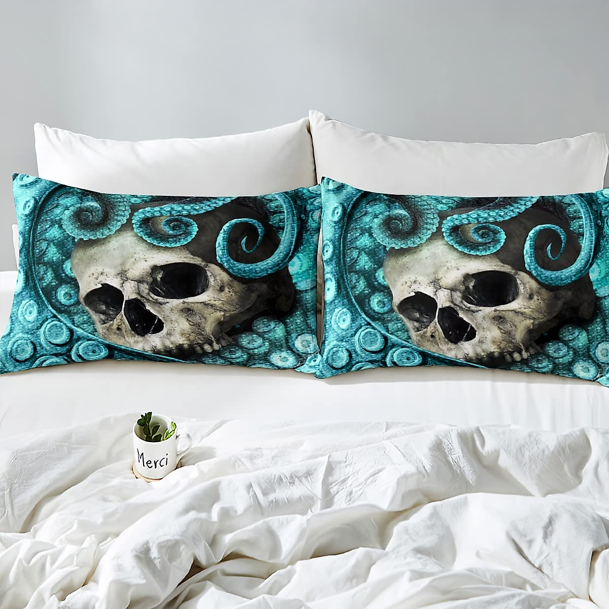 Feelyou Octopus Duvet Cover Set Queen Size 3D Print Skull Bedding Set Blue Decorative Luxury Horror Microfiber Polyester Comforter Cover with 2 Pillow Shams, Zipper, Marine Life, 3 Pieces
