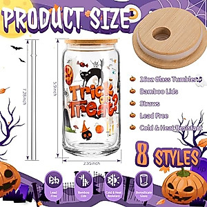 pengtai Halloween Gifts Cups,Halloween Glass Tumbler,16oz Halloween Iced Coffee Cups With Lids and Straw,Can Shaped Glassware Halloween Party Favors Pumpkin Ghost Cups Gift Set of 8