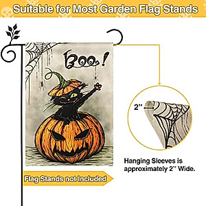 HOSCAPE Halloween Garden Flag 12.5 x 18 Inch Vertical Double Sided, Pumpkin Spider Cat Boo Halloween Flags Burlap Small House Yard Flag for Outdoor Indoor Decoration