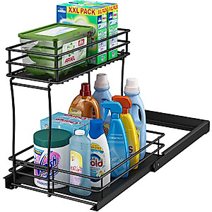Ronanemon Pull Out Cabinet Organizer, 2-Tier Under Sink Slide Out Kitchen Cabinet Storage Shelves with Sliding Storage Drawer for Cabinet - 11.6W x 15.8D x 13.3H, Least 13" Cabinet Opening