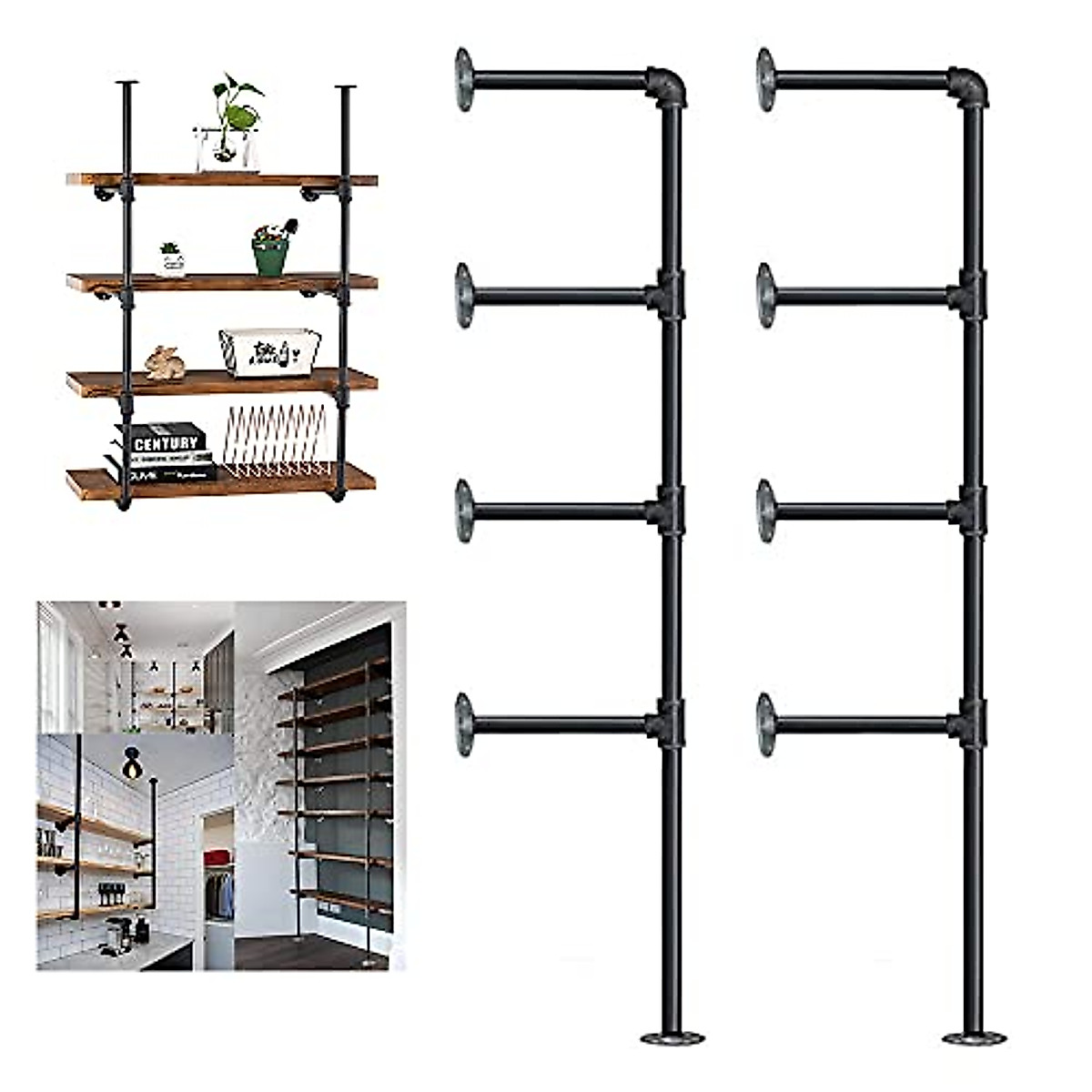 Kaler Black 4-Tier Industrial Pipe Shelves,Rustic DIY Pipe Shelf Wall Vintage Hung Bracket,Easy to Install 58''H(2pcs)