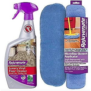 Rejuvenate High Performance Luxury Vinyl Tile Plank Floor Cleaner pH Neutral Formula Doesn't Leave Streaks 32oz w/Microfiber Bonnet Applicators - Washable and Reusable Microfiber Mop Bonnet