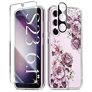 GUOVLIN for Samsung Galaxy S23 Case 6.1", with [Screen Protector+Camera Lens Protector] Flower Shockproof Hard Back&Soft Edge Clear Floral Women Bumper Protective Phone Cover, 2023 (Alluring Purple)