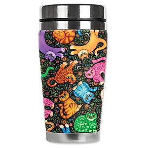 Mugzie Cat Toss Travel Mug with Insulated Wetsuit Cover, 16 oz, Black