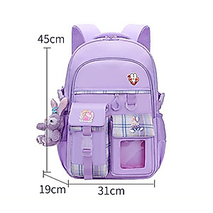 Myyunhx Backpack for Girls 17Inch Large Capacity Girl School Backpack for kid with Plush Cartoon Pendant and Decorative Card (Purple)