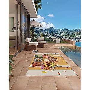 Hello Fall Outdoor Rug for Patio/Deck/Porch, Non-Slip Area Rug 6x9 Ft, Thanksgiving Pumpkin Floral Maple Leaf Yellow Beige Striped Indoor Outdoor Rugs Washable Area Rugs, Reversible Camping Rug Carpet