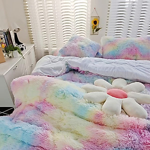 chovy Kids Girls Faux Fur Rainbow Comforter Sets Twin/Full - 3PC Bed Set Soft Warm Comfortable Classical Rabbit Plush Velvet Flannel Fluffy Fuzzy Bedding（Comforter x 1 Pillowcases x 2）
