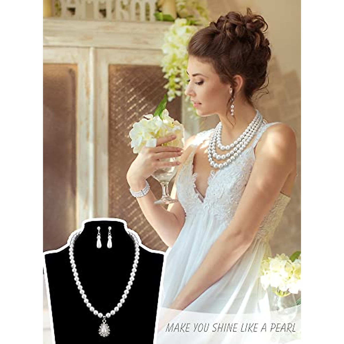 8 Pcs Pearl Necklace Earrings Set for Women, Includes Simulated Pearl Bracelet Faux Pearl Necklace Dangle Earrings (Bright Style)