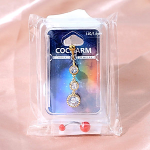 COCHARM Gold Dangling Belly Button Rings 14g Stainless Steel Belly Piercing Long CZ Dangly Navel Rings for Women Dangle Belly Bar