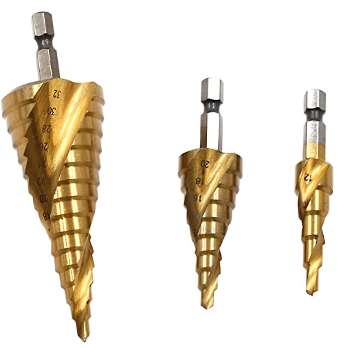 3pc HSS Titanium Coated Spiral Flute Step Drill Bit for Wood Soft Metal Woodworking Tool Bit,4-12/20/32mm