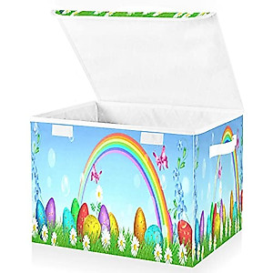 Kigai Spring Rainbow Easter Eggs Storage Basket with Lid Collapsible Storage Bin Fabric Box Closet Organizer for Home Bedroom Office 1 Pack