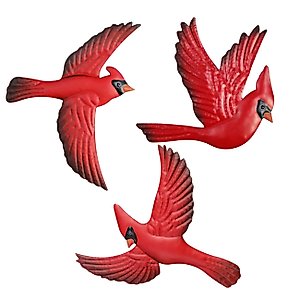 FANWNKI Red Metal Birds Cardinal Set of 3 Wall Art Decor Sculptures Hanging for Christmas Outdoor Indoor Home Garden Porch Fence