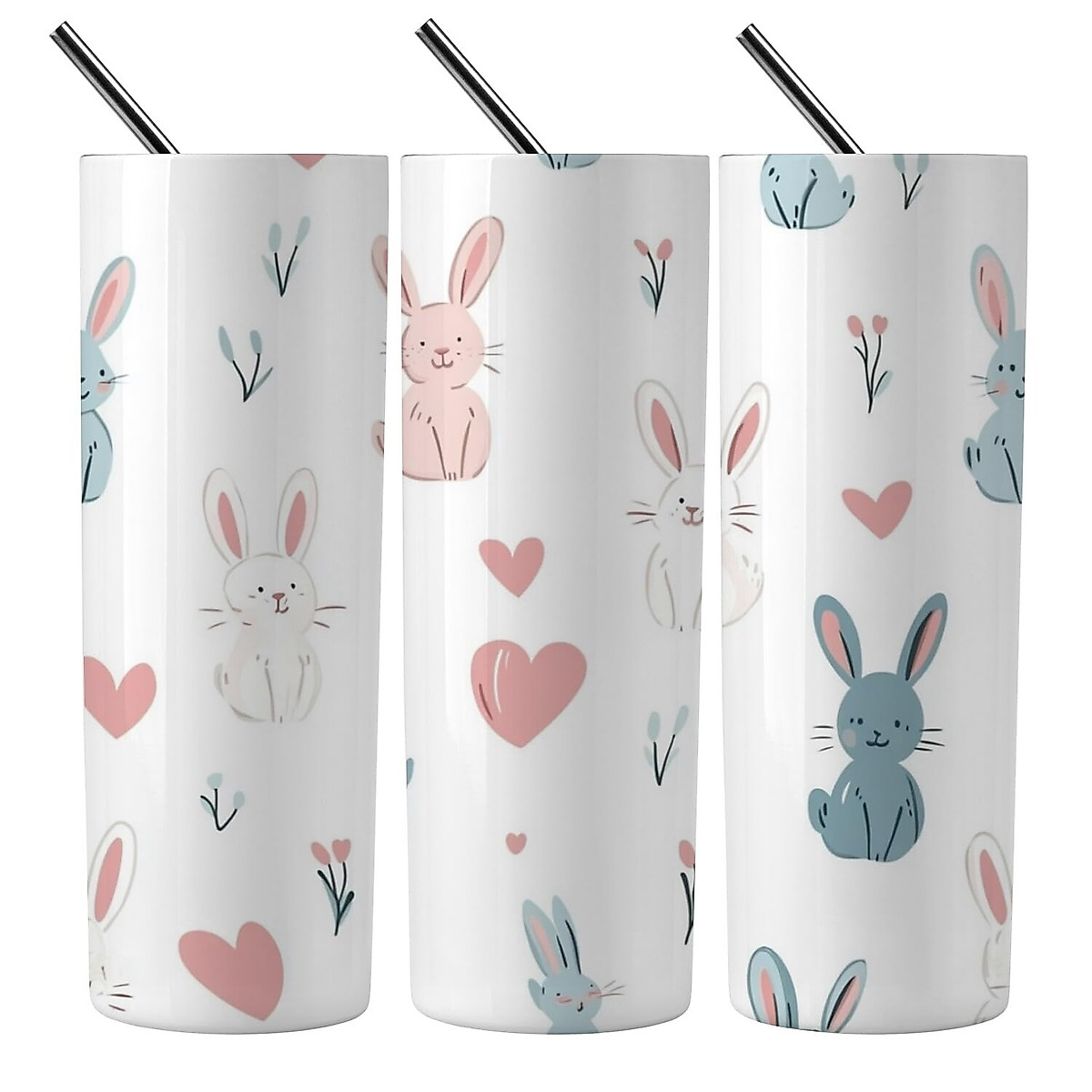 Tumbler with Lid and Straw Cartoon Love Rabbit Thermos Coffee Travel Mug Cute Cups 20 oz Insulated Tumbler for Daily Holiday Decor Gift Coffee Cup