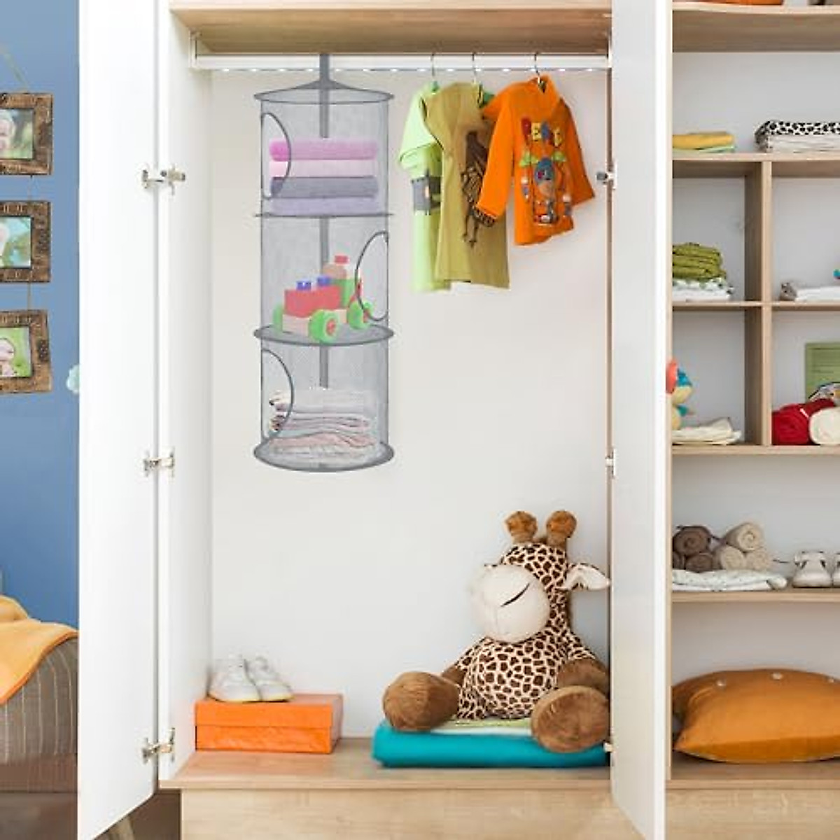 Libeder Mesh Hanging Storage Space Saver Bags Organizer,Foldable Storage Organizer 3/4/5 Compartments Toy Storage Basket for Kids Room Bathroom 2 Sets Grey