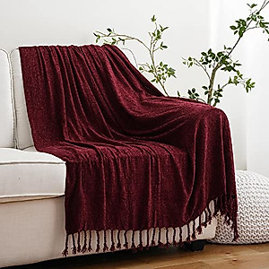 BATTILO HOME Burgundy Chenille Throw Blanket for Couch, Decorative Fringe Velvety Red Throw Blanket for Sofa Home Décor, 50"x60"