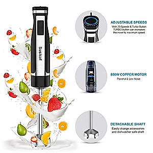 Immersion Hand Blender, 800W Stick Blender, 20 Speed Stainless Steel Immersion Blender, With 27oz Beaker, 17oz Chopping Bowl, Whisk, Frother Attachments, for Soup, Smoothie, Puree, Baby Food, Black