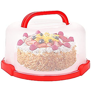 Yesland Cake Carrier with Collapsible Handle - Plastic Red Cake Container and Holder with Lid - Portable Round Cake Cover for 10 inch Cake, Pies, Cookies, Nuts, Muffins and Fruit