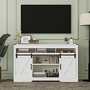 windaze Farmhouse 65+ Inch TV Stand, Entertainment Center with Sliding Barn Doors, White