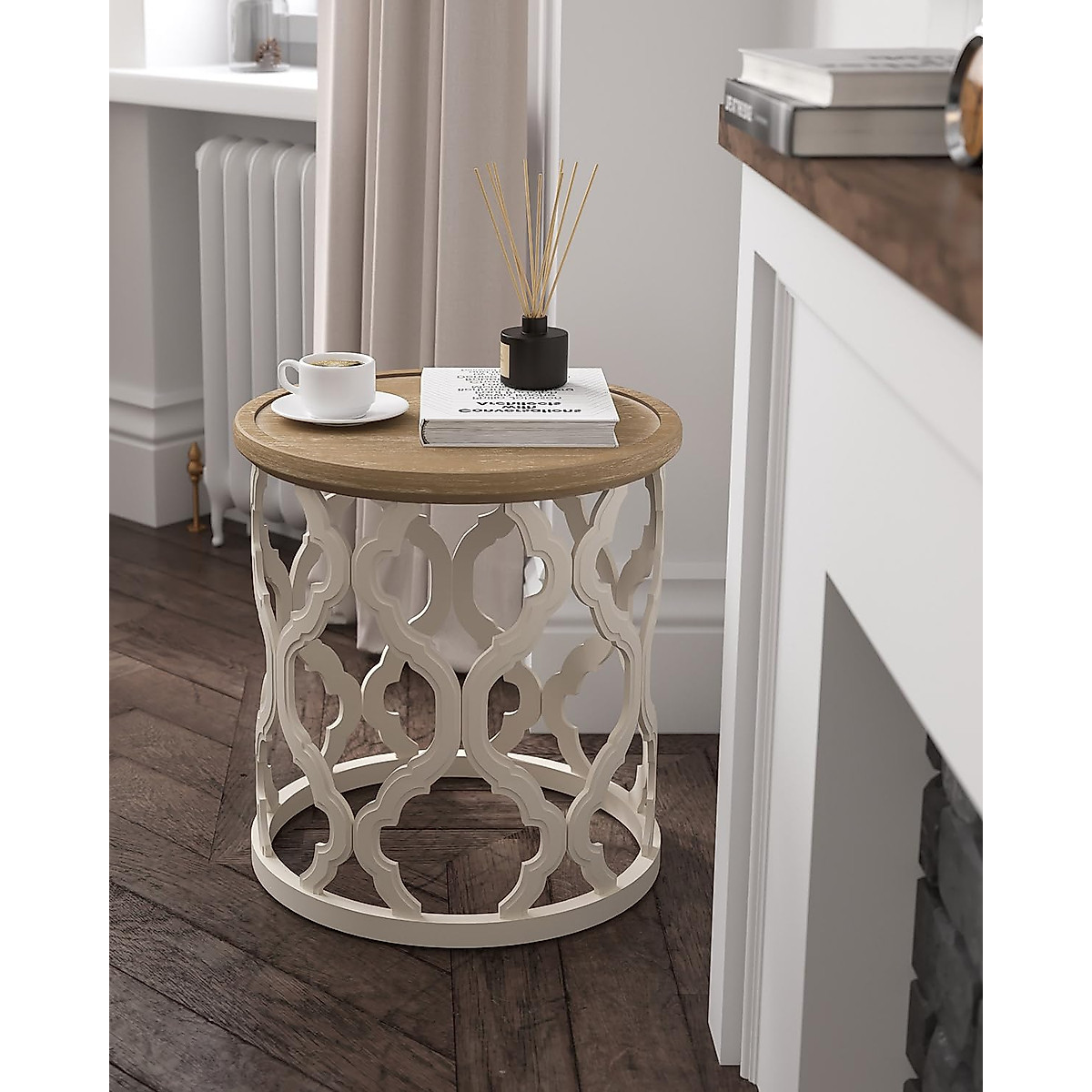 VONLUCE Farmhouse End Table,17.7'' Round French Country Side Table,Distressed Wood Tray Top Rustic Accent Table with Lipped Edge for Living Room Dining Room Bedroom,Small Space,Beige