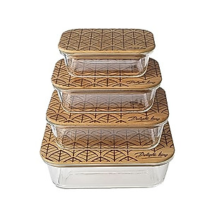 Delight King Glass Containers with Bamboo Lids, Set of 4 Glass Food Storage Containers with Wooden Lids, Non Toxic, Non Plastic, Fridge and Microwave Safe, Eco Friendly, Leaf Printed Wood Lid Design