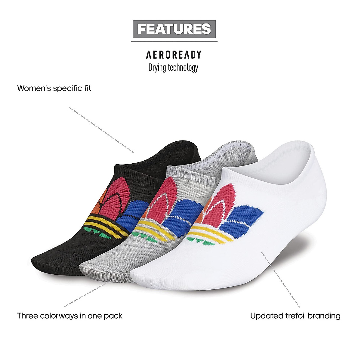 adidas Originals Women's Originals 3D Trefoil 3-Pack Super No Show, White/Heather Grey/Black, Medium