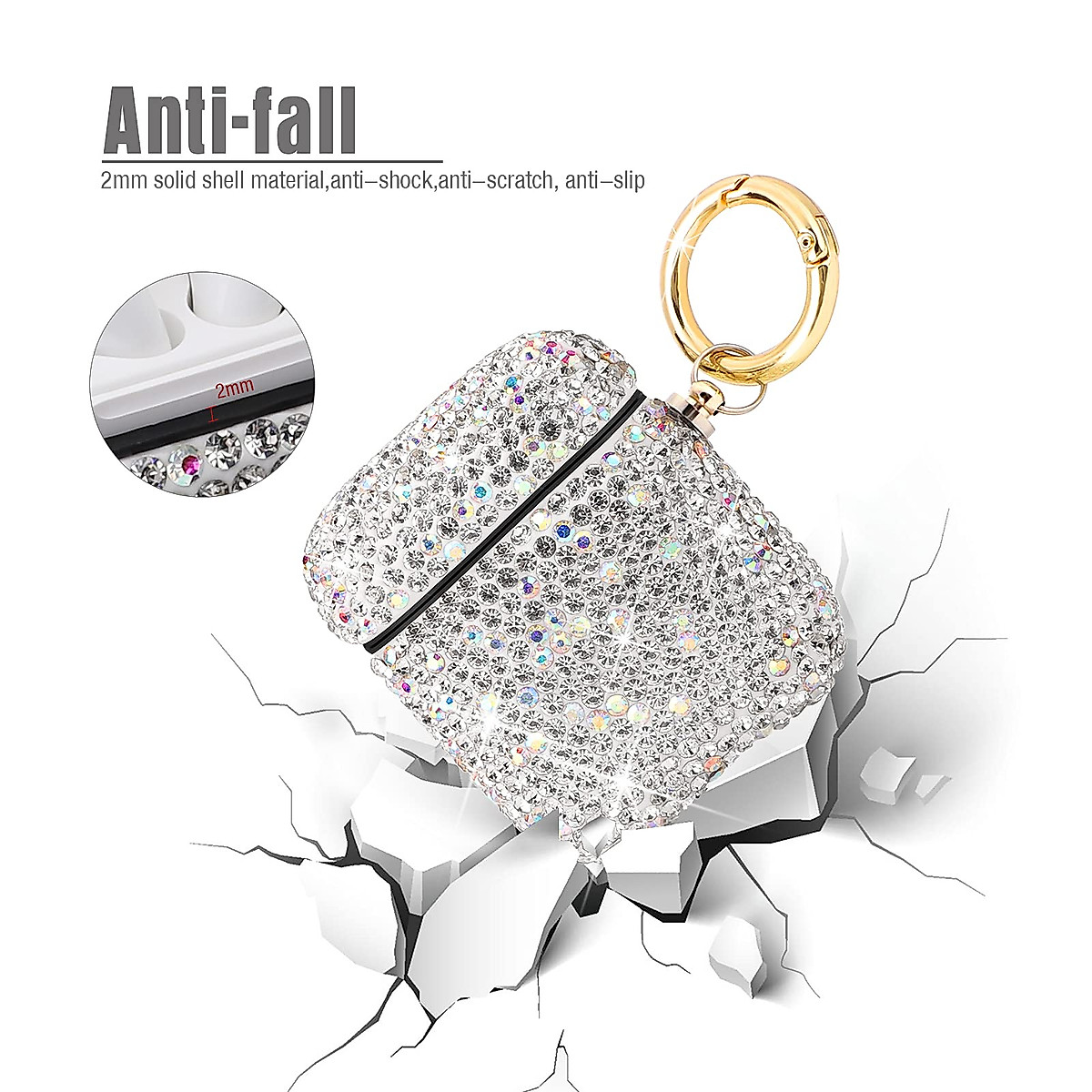 Luxurious Rhinestone AirPods Case, Protective Bling Diamonds AirPod Charging Protective Case Cover for Apple I10/I12 TWS (Silver with Keyring)