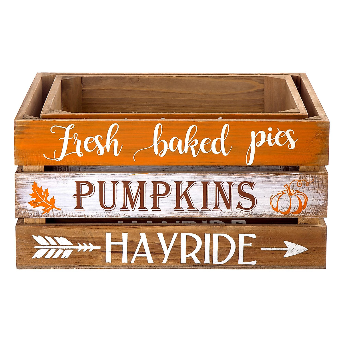Glitzhome Fall Harvest Wooden Crates, Rustic Nesting Wooden Crates Set of 2, Fall Decorative Storage Gift Wood Crates for Display, Farmhouse Wooden Storage Boxes for Autumn Harvest