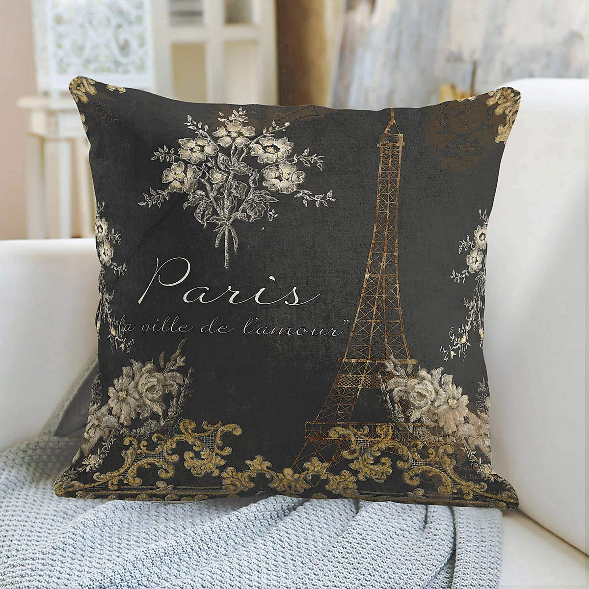 Emvency Throw Pillow Cover Black Vintage Paris City of Love Eiffel Tower Chalkboard Tan Antique Decorative Pillow Case Home Decor Square 20 x 20 Inch Pillowcase