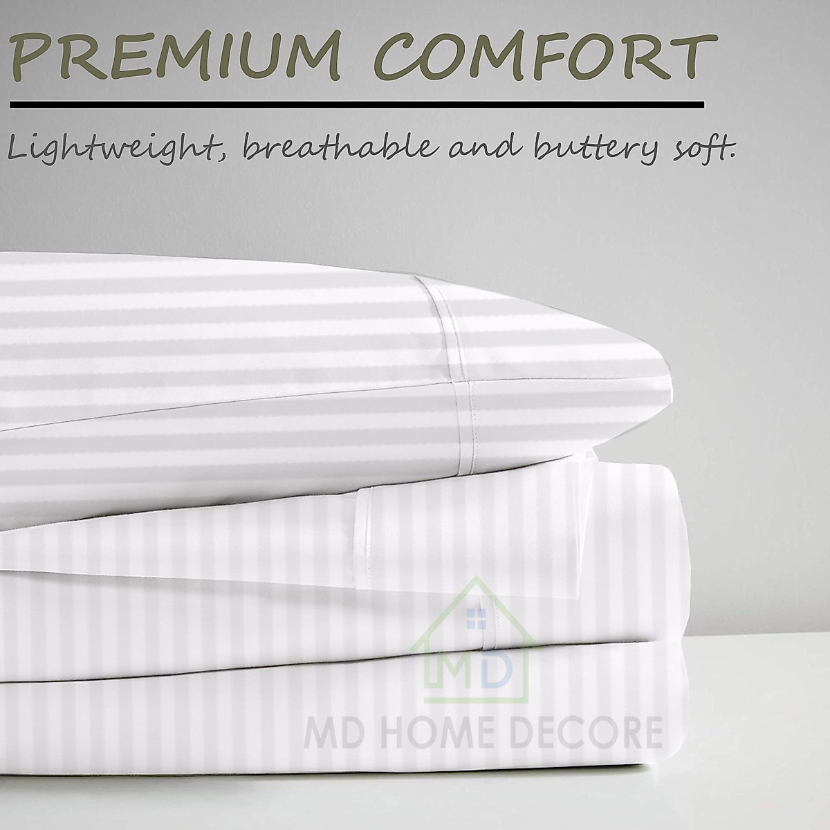 Extra Deep Pocket Sheets (4-Piece) 100% Egyptian Cotton 400 Thread Count Bed Sheet Set 22 inch Deep Pocket of Fitted Sheet with Elastic All Around (Queen, White Stripe)