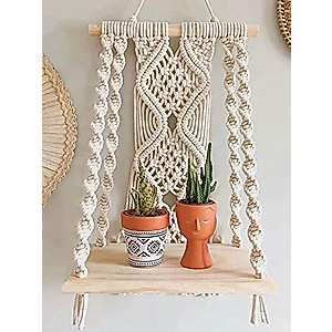JnnRain Macrame Shelf Macrame Wall Hanging Shelf Beige Macrame Hanging Shelves White Macrame Wall Shelf Decor Plants Wall Shelf Home Decor