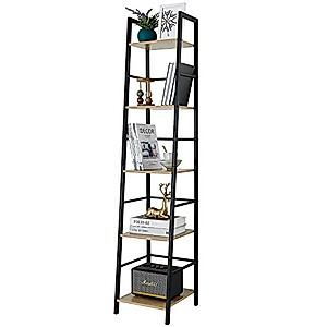 Pshelfy Bookshelf, 5-Tier Narrow Ladder Shelf Bookcase with Metal Frame, Freestanding Corner Rack Shelves for Small Spaces Display Storage Organizer Tall Skinny Shelf for Bedroom Living Room Kitchen