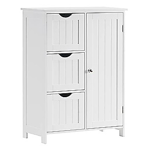 Reettic Bathroom Floor Cabinet, Wooden Freestanding Storage Cabinet, Side Storage Organizer with 1 Cupboard and 3 Drawers, Adjustable Shelf, 23.6" L x 11.8" W x 31.9" H, White BYSG101W