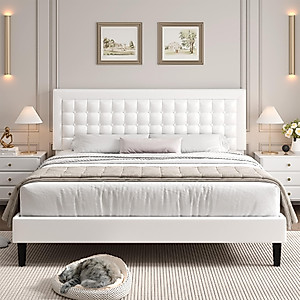 HIFIT Full Size Bed Frame, Full Modern PU Leather Upholstered Platform Bed with Button Tufted Adjustable Headboard and Solid Wood Slats Foundation, No Box Spring Needed, No Noise, Easy Assembly, White