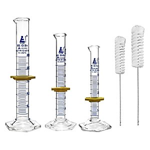 EISCO Graduated Cylinders & Cleaning Brushes - 5 Piece Set - ASTM, Class A - 5mL, 10mL, 25mL - Blue Graduations - 2 Nylon Bristle Brushes - Borosilicate 3.3 Glass